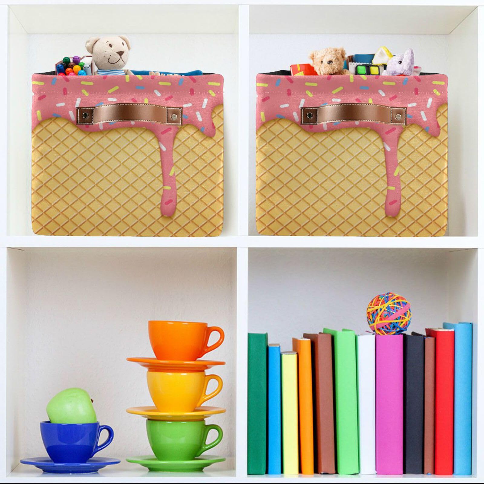 Kigai Ice Cream Cone Storage Basket 1pc, Large Collapsible Toys Clothes Organizer, Durable Canvas Storage Bin with Handle for Shelves Closet Laundry Home Office Decor