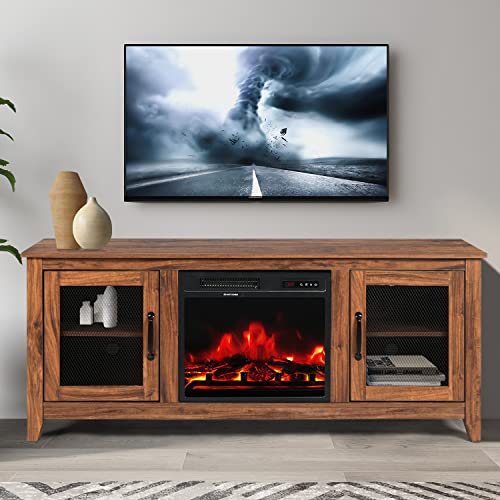 Vikiullf TV Stand with Electric Fireplace - Fireplace TV Console for TV up to 65", Home Entertainment Center with Storage Cabinet, Living Room TV Stands, Rustic Oak