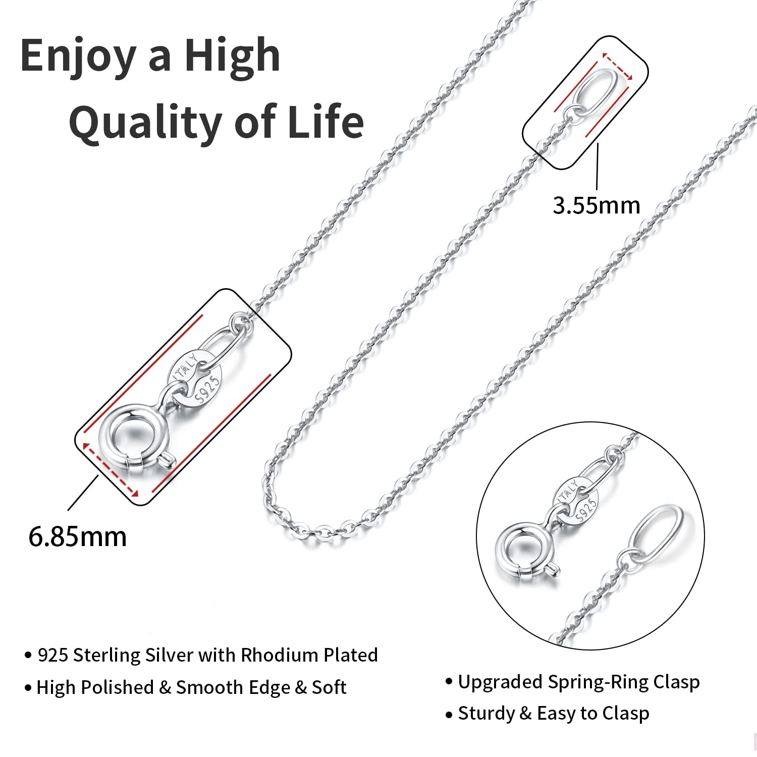Jewlpire Solid 925 Sterling Silver Chain Necklace for Women, 1.3mm Round Cable Chain Silver Chain for Women Thin & Dainty & Sturdy Women's Chain Necklaces 18 inch