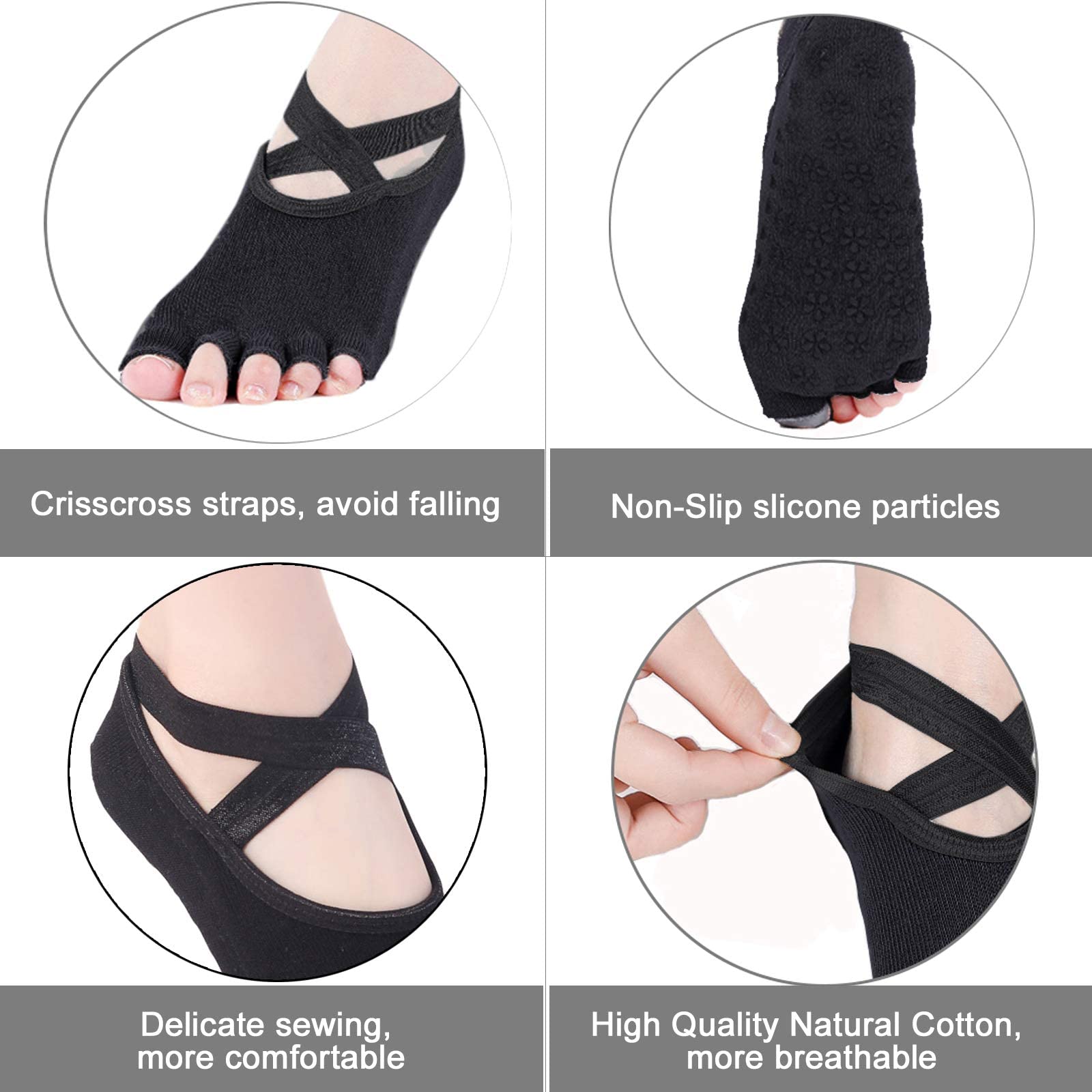 KEBABO Yoga Socks for Non-Slip Women Sock Sox Five Toe with Grips Toeless One Size 2 Pairs 6-10 Black