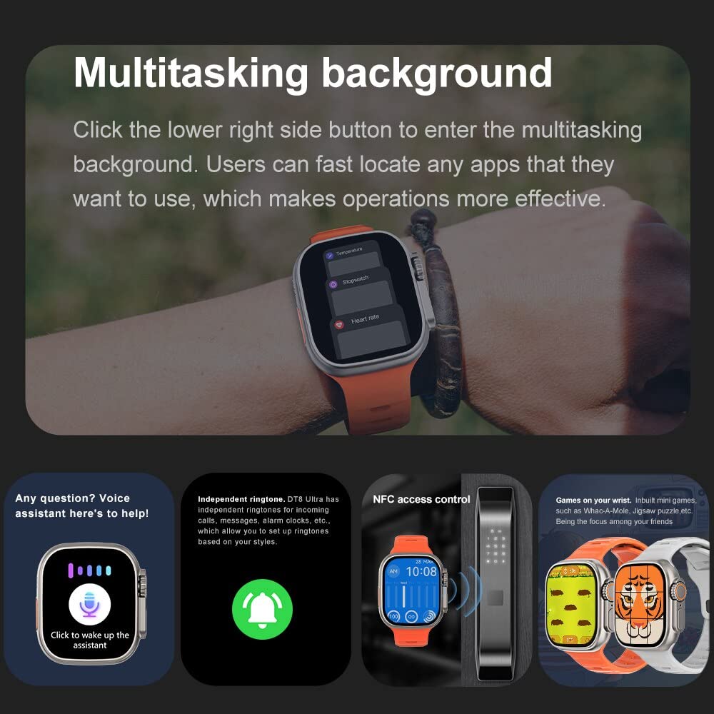 Original DT8 Ultra Smart Watch 49MM Series 8 Body Temperature Monitor NFC GPS Tracker Siri Game Bluetooth Call iwo Smartwatch (Black)