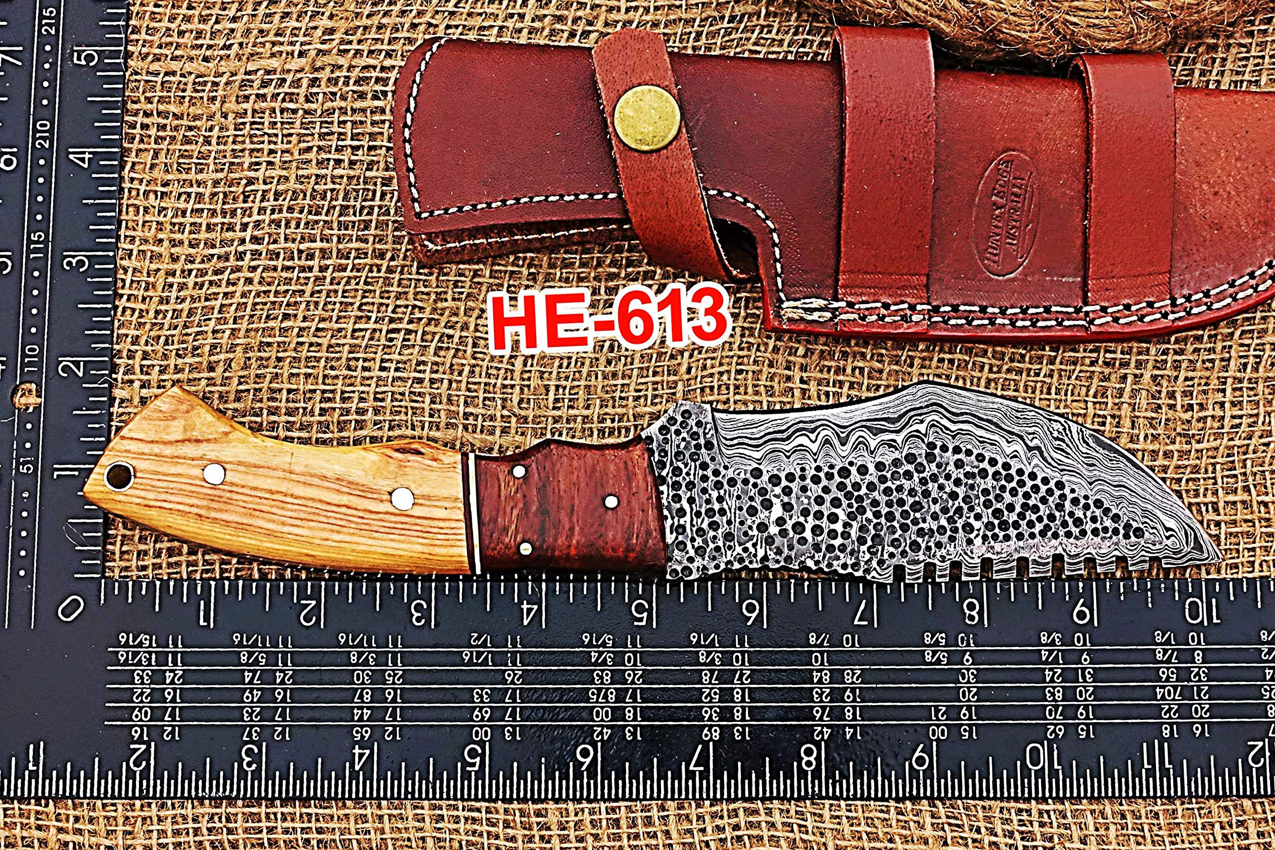 HUNTEX Handmade Exposed Hand-Forged Ladder Pattern Damascus Steel 10 Inch Long Full Tang Oak Wood Handle Razor Sharp Hunting Camping Tracker Knife w/Genuine Leather Pouch