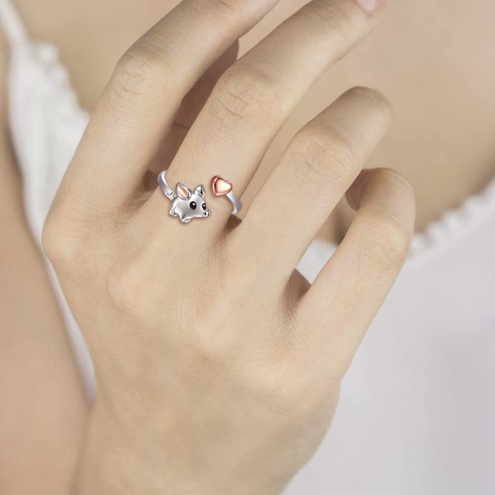 Mic Tai 925 Sterling Silver Pig Rings - Cute Heart Animal Adjustable Thumb Ring Jewelry Gift for Women