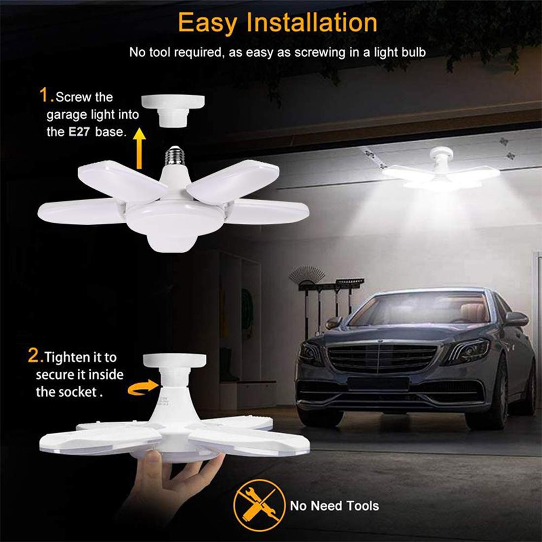 HZMENG LED Garage Lights 4 Pack, 80W LED Basement Lights LED Shop Light Fixture, LED Light Bulbs Garage Ceiling Lighting with 5 Deformable Panels for Garage Basement Workshop Warehouse