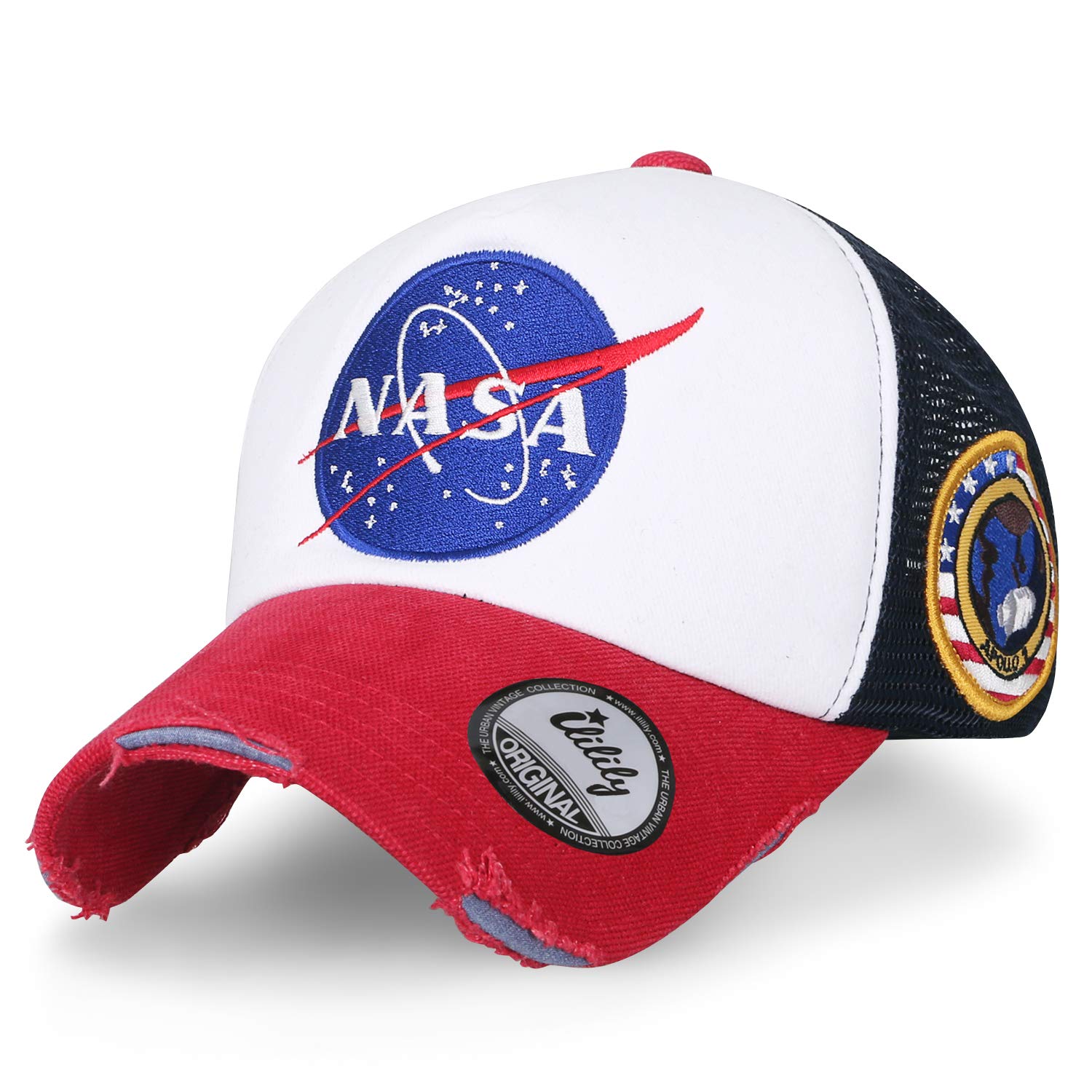 ililily NASA Meatball Logo Embroidery Baseball Cap Apollo 1 Patch Trucker Hat, Red & White