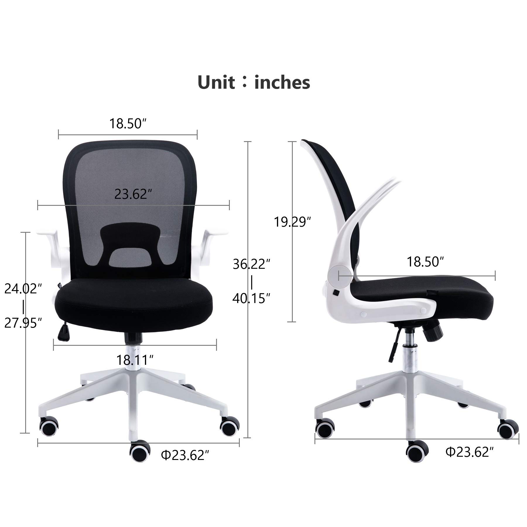 Huntor Ergonomic Office Chair Desk Chair for Home Office Work Chair Mesh Chair with Flip-up Arms White