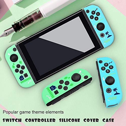 JoyCon Silicone Cover for Nintendo Switch + 4 Marshal Design Thumb Grip Caps, Anti-Scratch Cute Anti-Slip Joy-Con Case (Animal Crossing Island Version)