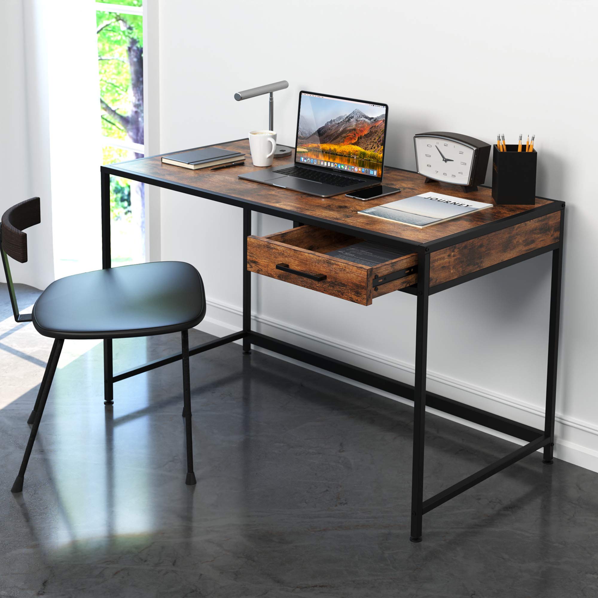 IRONCK Computer Desk, 47" Writing Desk with Drawers, Simple Small Desk for Home Office, Easy to Assemble, Retro Brown
