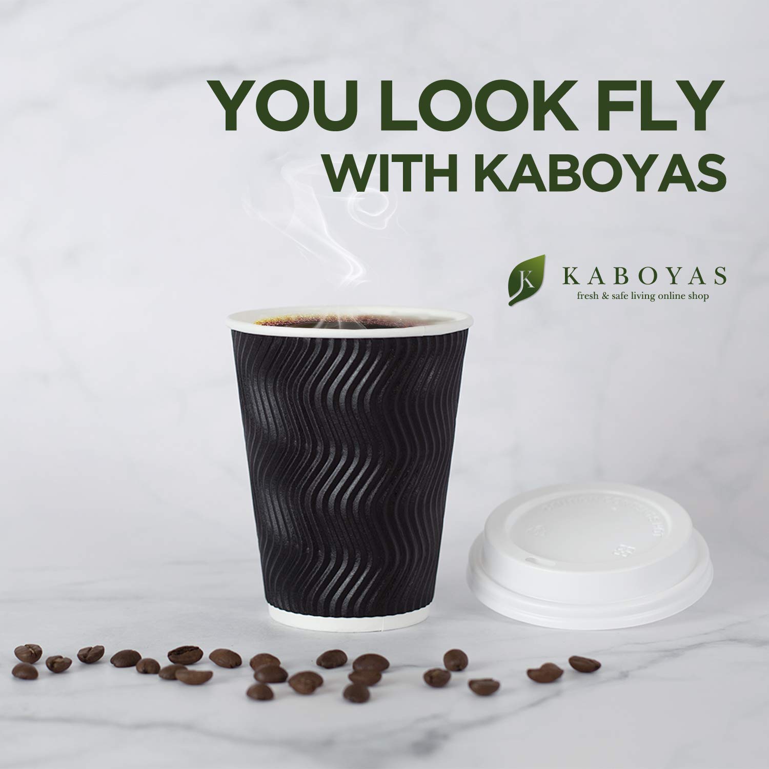 KABOYAS 12 oz [100 Set] Togo Disposable Black Paper Coffee Cups with Lids | Hot Beverages | Expresso | Tea | Coffee | Latte | Hot Chocolate | Cocoa