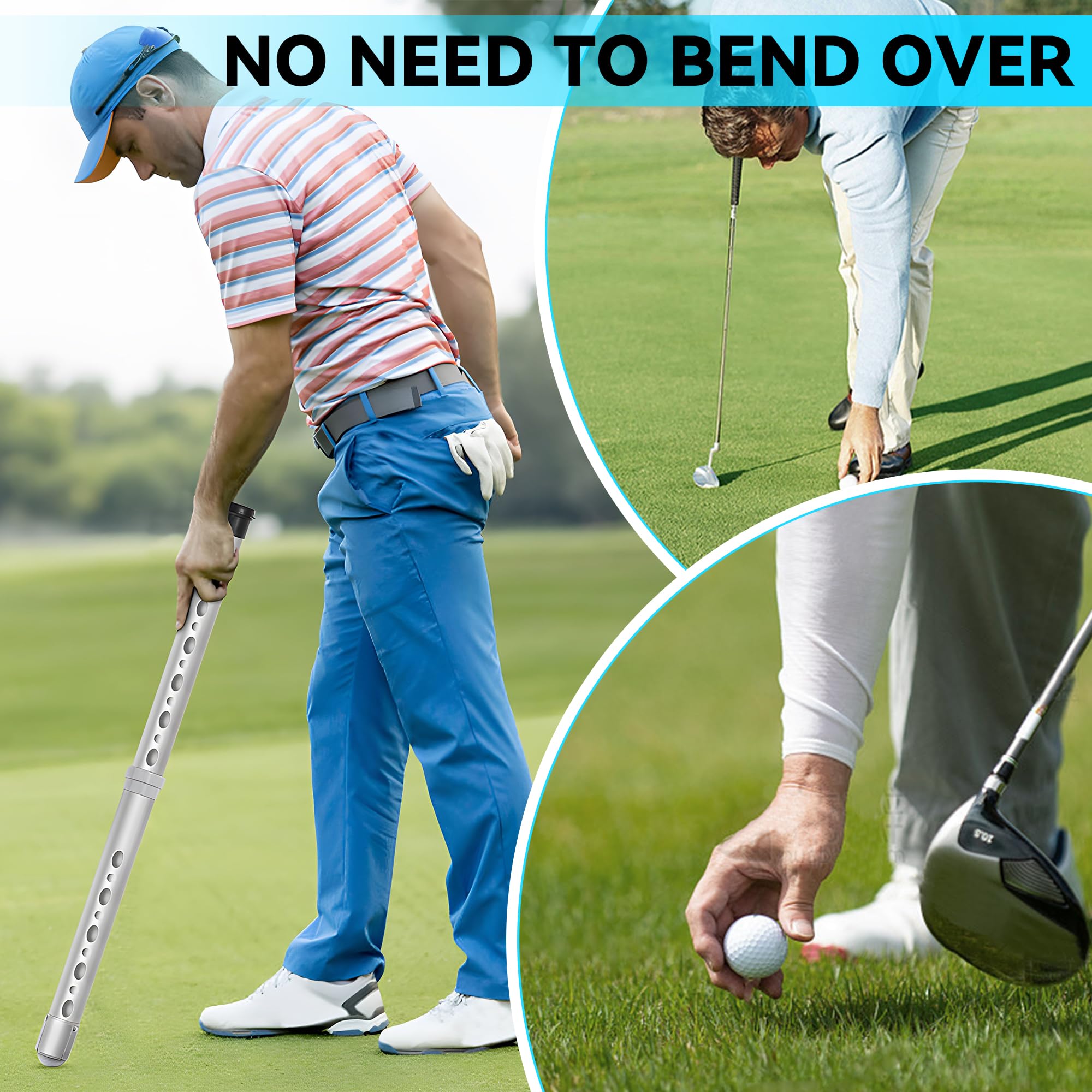 mayqmay 33.9 Inch Golf Ball Retrievers, Aluminium Tube Golf Ball Picker, Durable & Detachable Golf Ball Collector for Water and Bushes, Silver