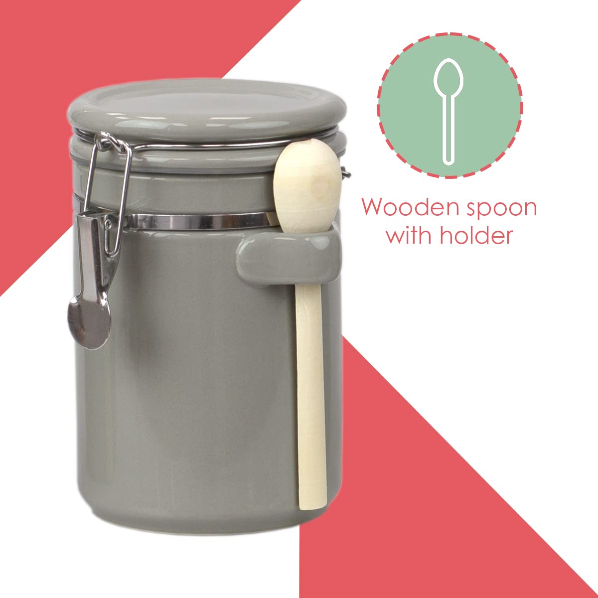 Home Basics Canister Sets For The Kitchen (4 Piece Set) Grey, High Gloss Ceramic Decorative Kitchen Set | With Wooden Spoons, Countertop Set For Flour, Sugar, Coffee, and Snacks
