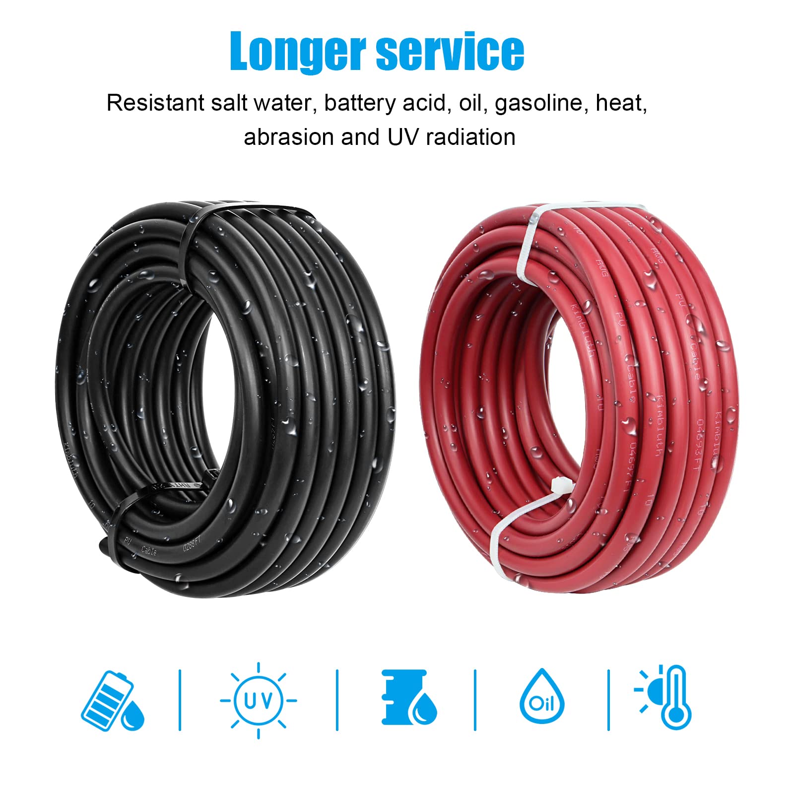 Kimbluth 10 AWG Solar Wire 10FT Red & 10FT Black Tinned Copper Wire, 10 Gauge Solar Panel Cable OFC Oxygen Free Copper Wire for Solar Panel Automotive Trailer Marine Outdoors (Red&Black)