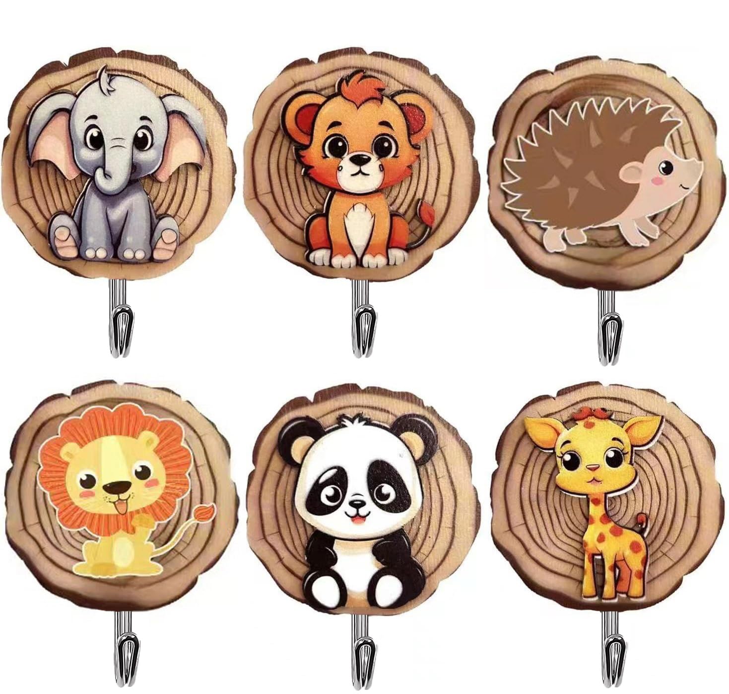 Vamotto Wooden Animal Wall Hooks, 6-Pack Self Adhesive Coat Hooks Hanging Wall Mounted Hooks for Coats, Towels, Hats,Backpack, Robe, Purse,Decorative Farmhouse