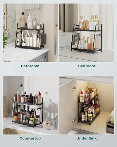 OROPY 2 Tier Spice Rack for Countertop, Height Adjustable Metal Standing Kitchen Storage Organizer Shelf, Counter Shelf for Cabinet,Pantry,Bathroom,Bedroom, with Hanging Basket