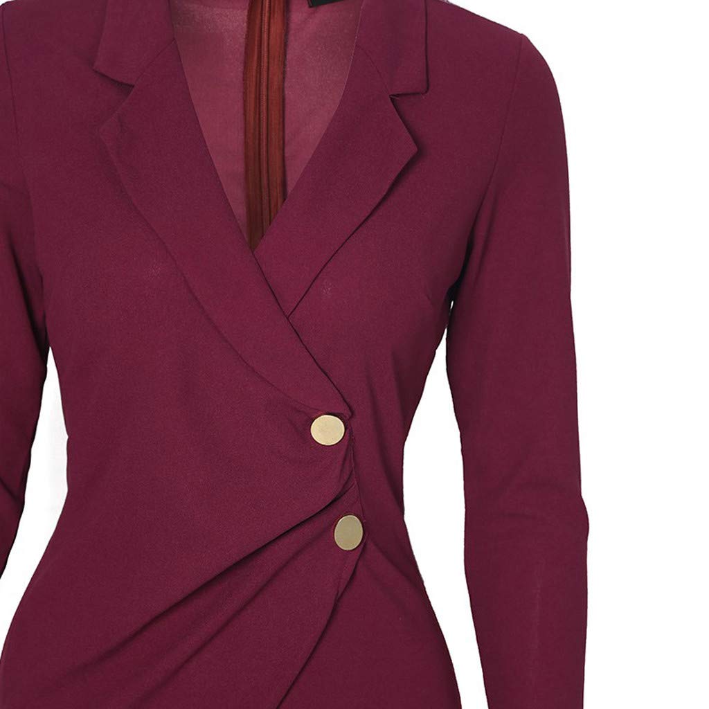Keepfit Business Dress for Women Turn Down Neck Long Sleeve Ruched Bottons 2 Piece Slim Wrap Work Dress Wine