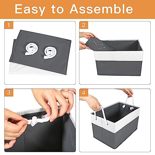 Vimudiy Storage Bin, Foldable Storage Basket [3-Pack] with Dual Rope Handles, Large Capacity Storage Boxes with Sturdy Non-Woven Fabric for Organizing Toys, Shelves & Closet, White & Grey