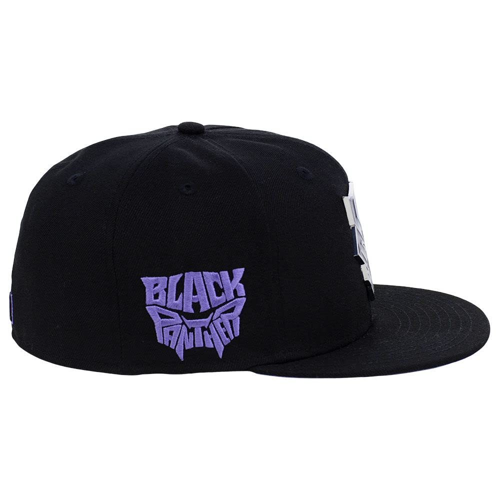 Marvel Black Panther Metal Logo Fitted Flat Bill Cap, Black/Blue 7 5/8