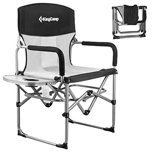 KingCamp Camping Director Chair for Adults Heavy Duty Folding Lawn for Outside with Side Table Mesh Back Padded Armrest for Outdoor Beach Backyard, Support 300 lbs, Black/Mediumgrey