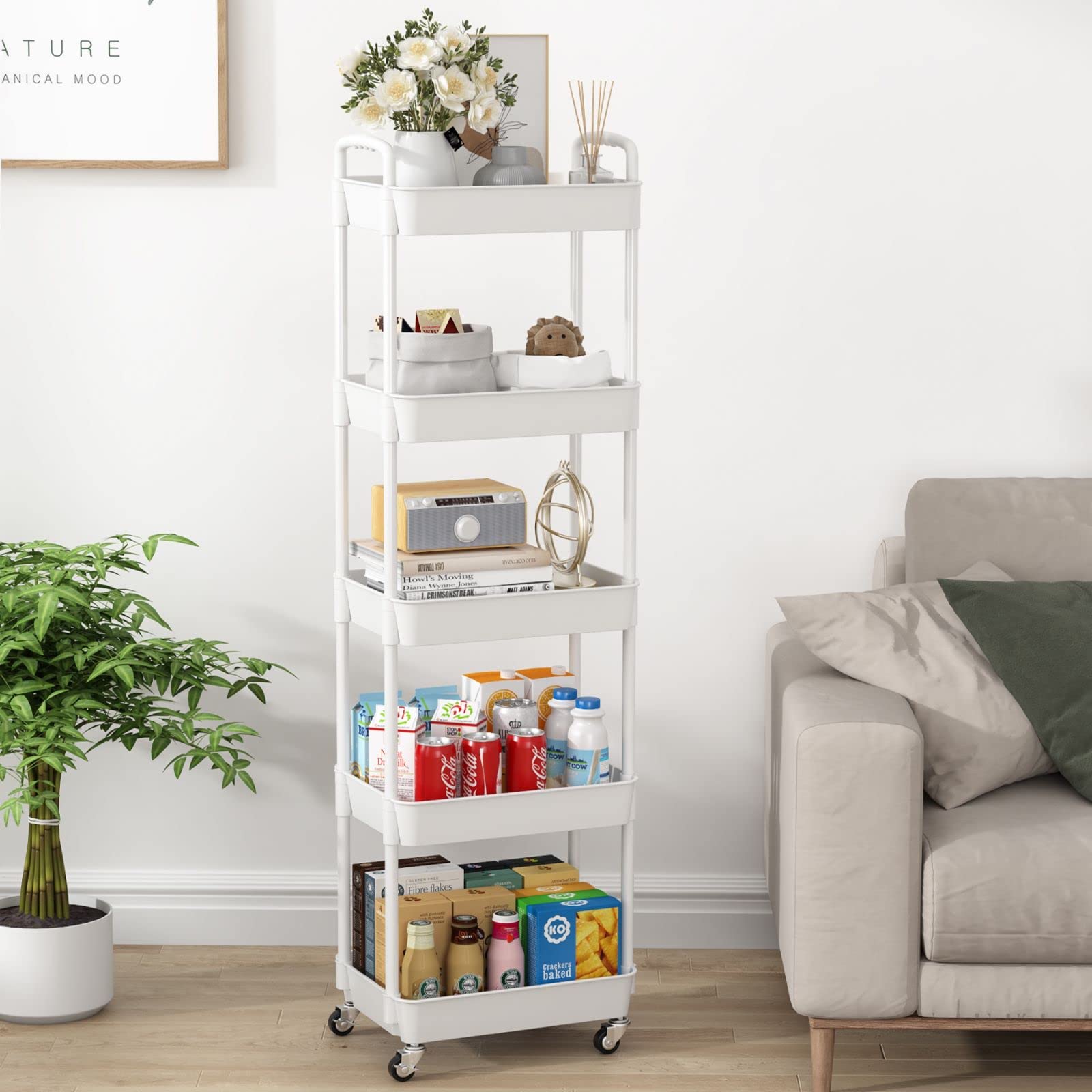JIUYOTREE 5-Tier Rolling Storage Cart Utility Cart with Lockable Wheels for Living Room Bathroom Kitchen Office White