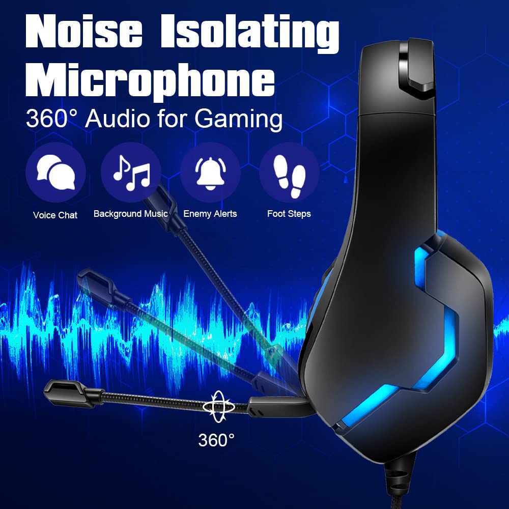 Kicoeon Gaming Headset with Microphone for PC PS4 PS5 Xbox One, Gaming Headphones 7.1 Surround Sound, Soft Memory Earmuffs, LED Light, Lightweight Over Ear Headset Wired for Switch Mac Laptop