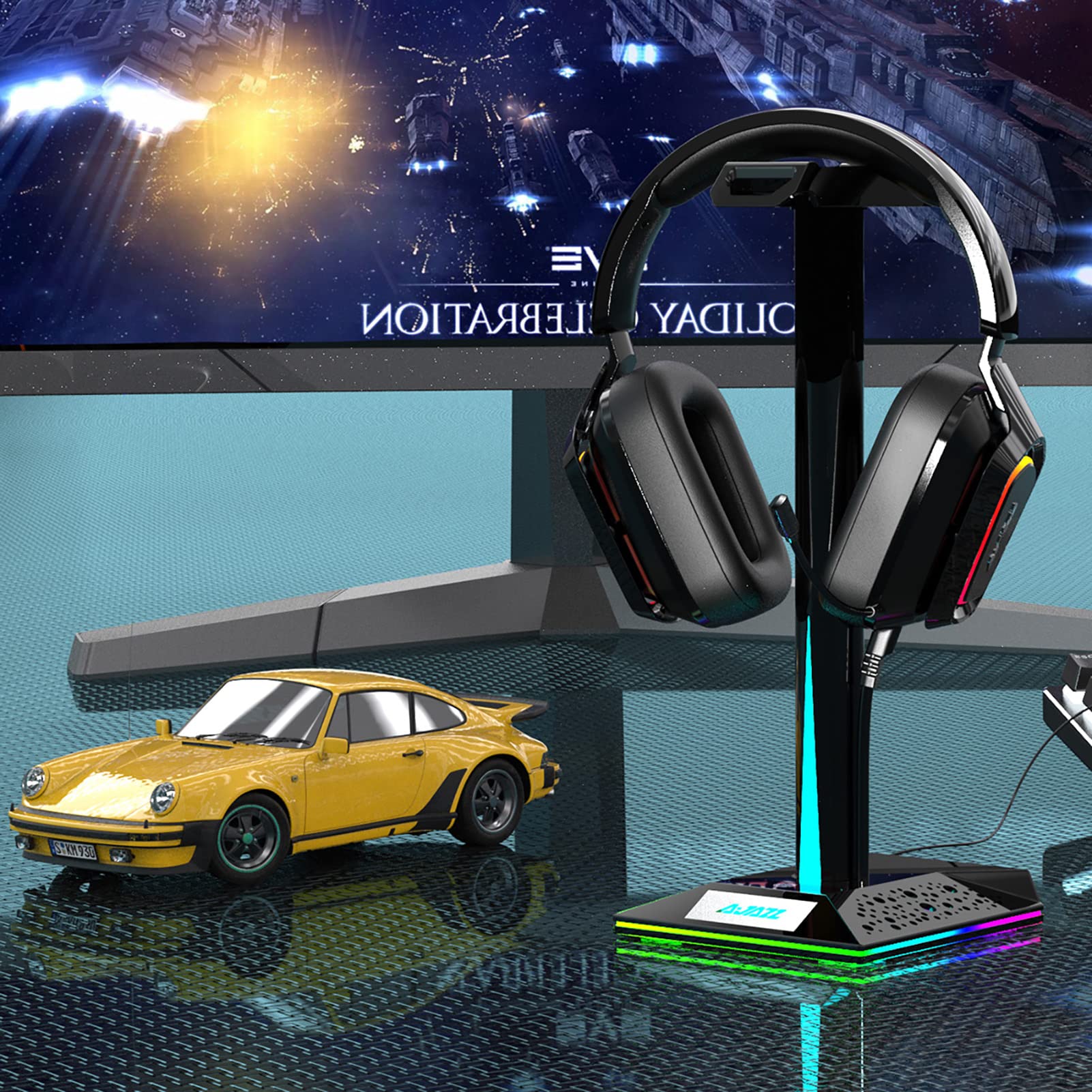 Lomiluskr EB01 RGB Headphone Stand with 2 USB Ports and 3.5mm AUX, 14 RGB Lighting Effects, Desk Gaming Headset Holder Hanger Rack (Pink)