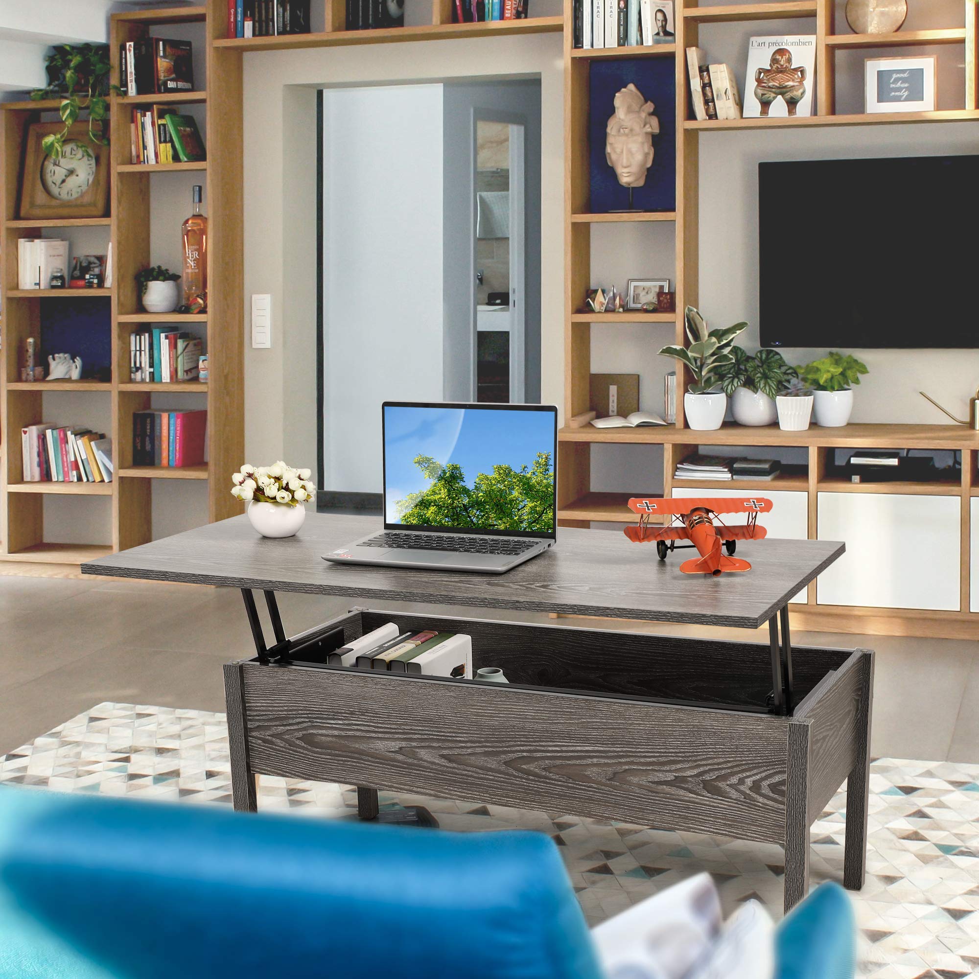 JAXPETY Lift Top Coffee Table with Hidden Compartment and Storage Cabinet, Modern Furniture for Home, Living Room, Reception Room, Grey Oak