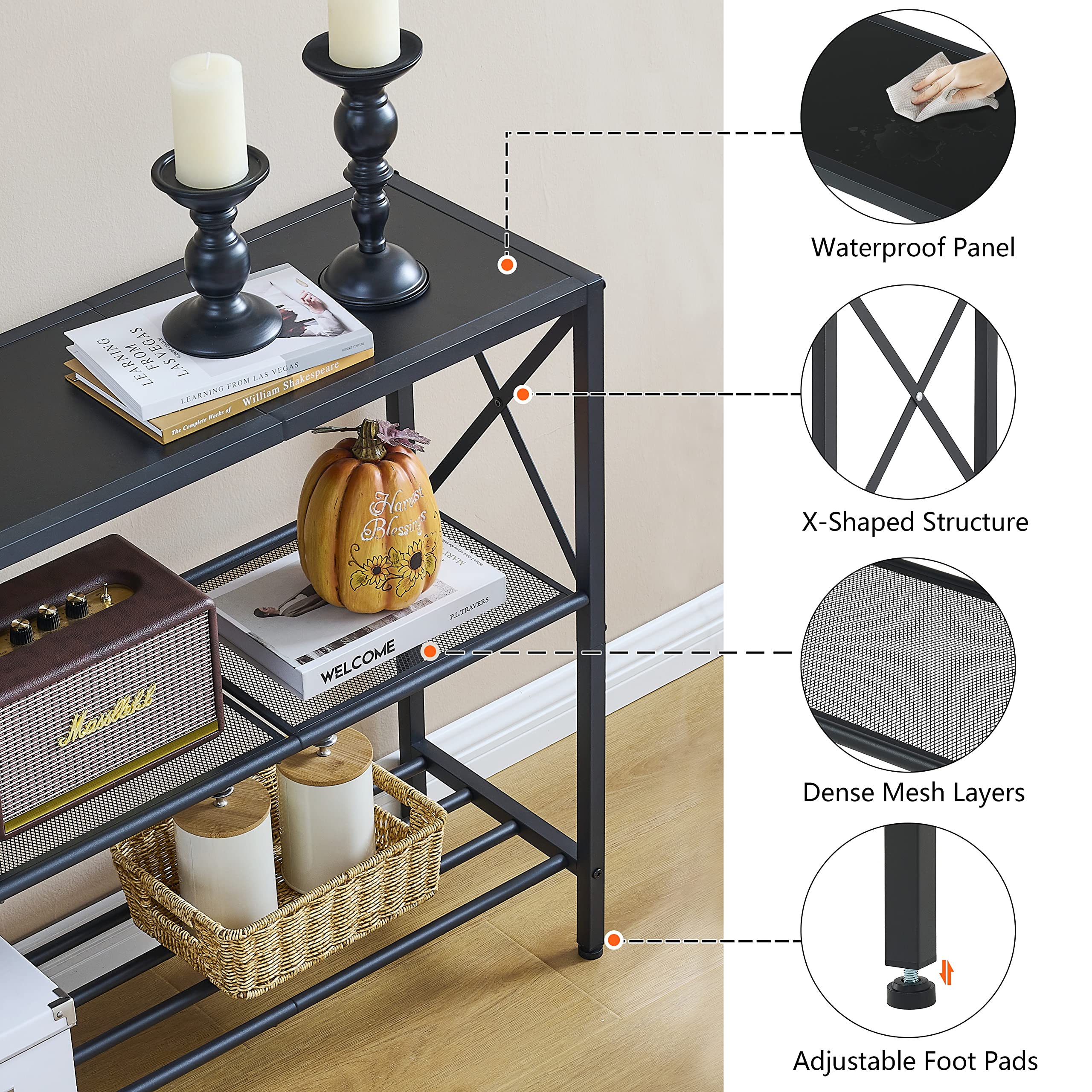 Hoctieon Gold Console Table, 3 Tier Entryway Table, Hallway Table, Narrow Sofa Table with Shelves, Entrance Table for Entryway, Gold and White