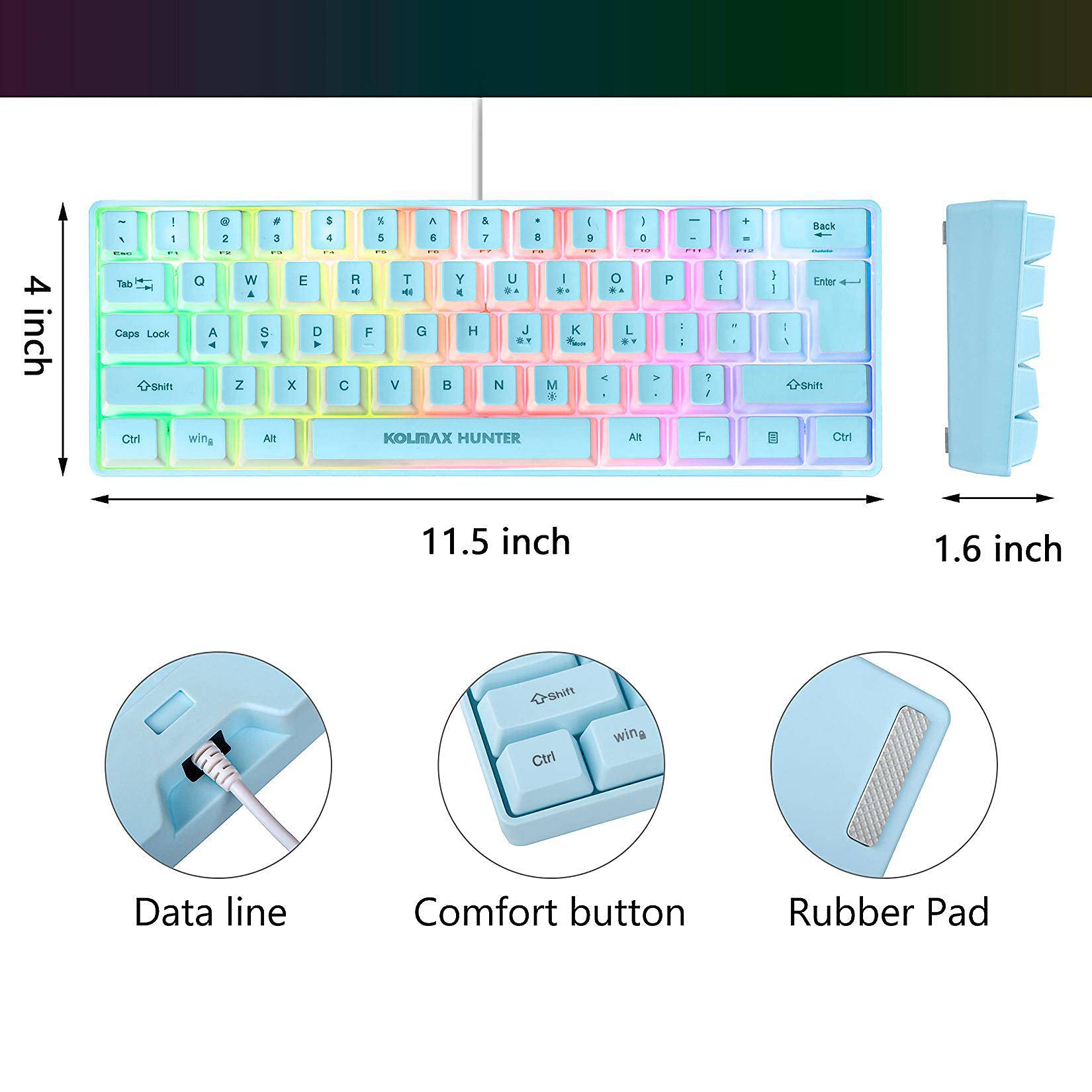 KOLMAX HUNTER 60% RGB Gaming Keyboard,61 Keys RGB Backlit Wired Gaming keyboard/Office Mini Keyboard for PC/Mac/Linux/Laptop(Blue)