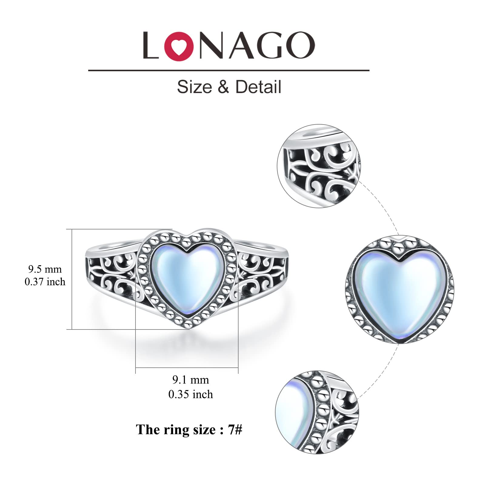 LONAGO Created Moonstone Ring 925 Sterling Silver Heart Shaped Vintage Ring Jewelry (Size 9)