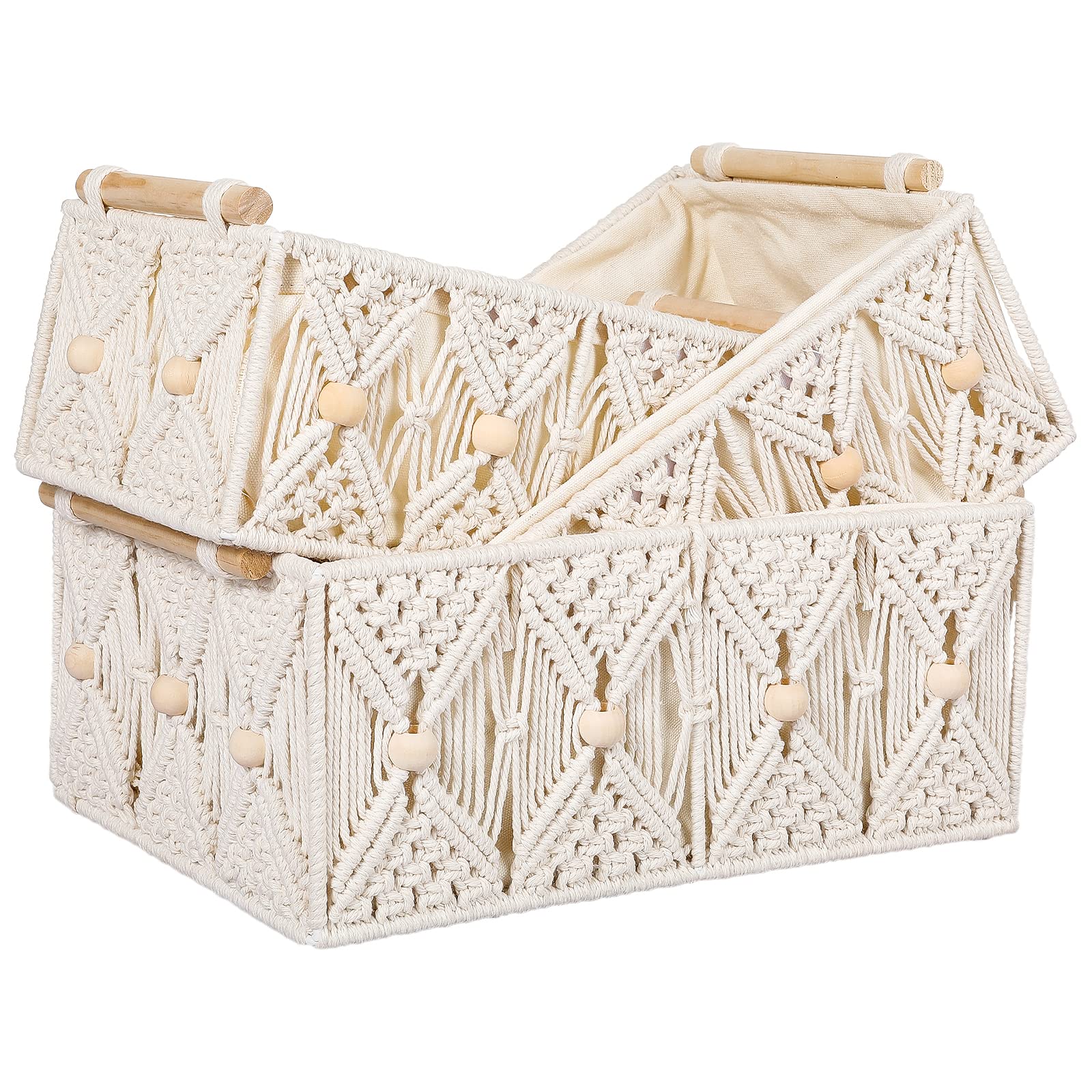 LaMorée Large Boho Macrame Storage Baskets 3 PCS Cotton Rope Hand Woven Bin Set with Natural Wooden Handles & Beads Decorative Wicker Boxes for Tabletop Book Shelf Bathroom Organizer Container
