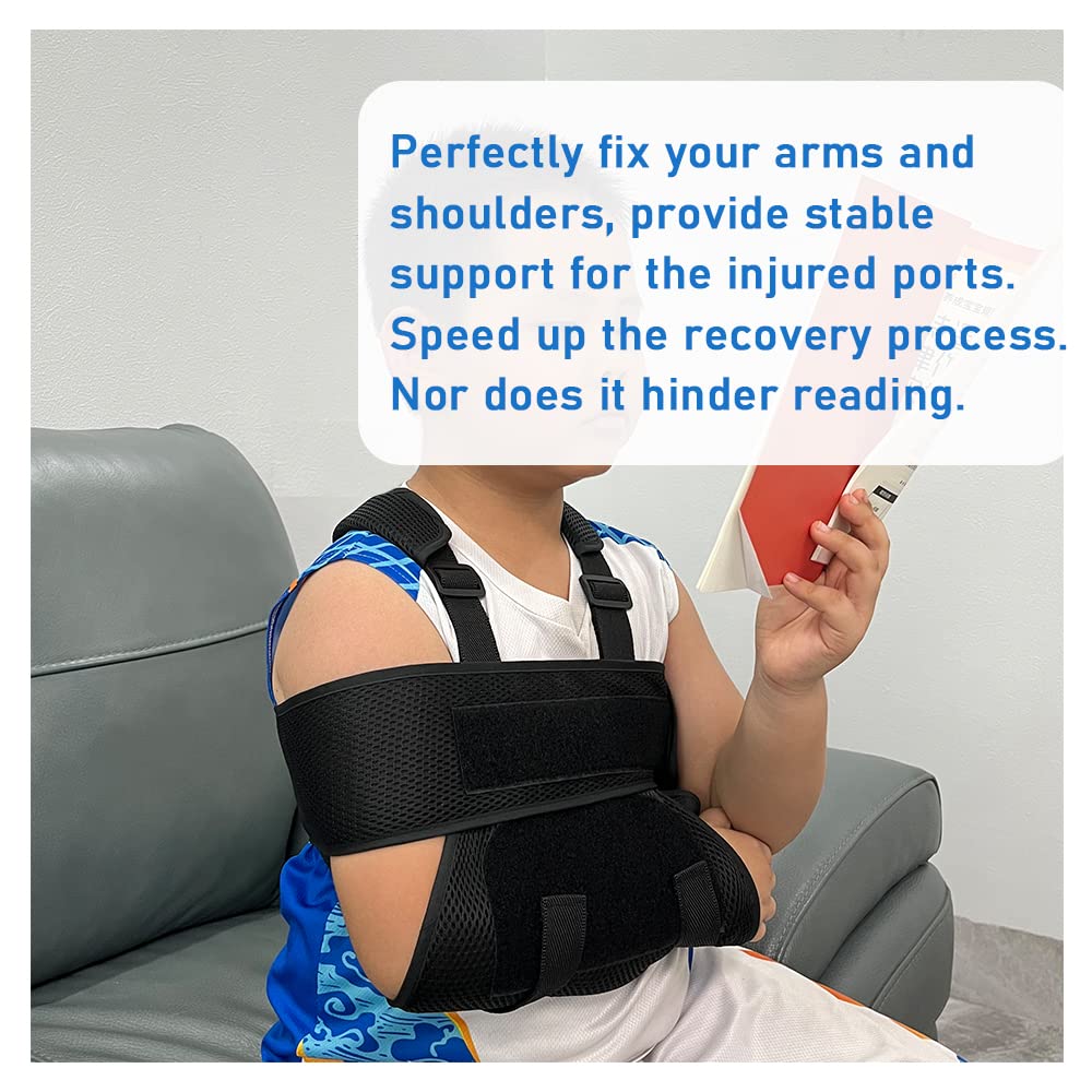 Kids Arm Sling For Shoulder Injury Elbow Surgery Support Brace Immobilizer Child Adjustable Medical Rotator Cuff Injury Mesh Sling For Broken, Dislocation, Sprains, Strains & Tears (Large, Black)