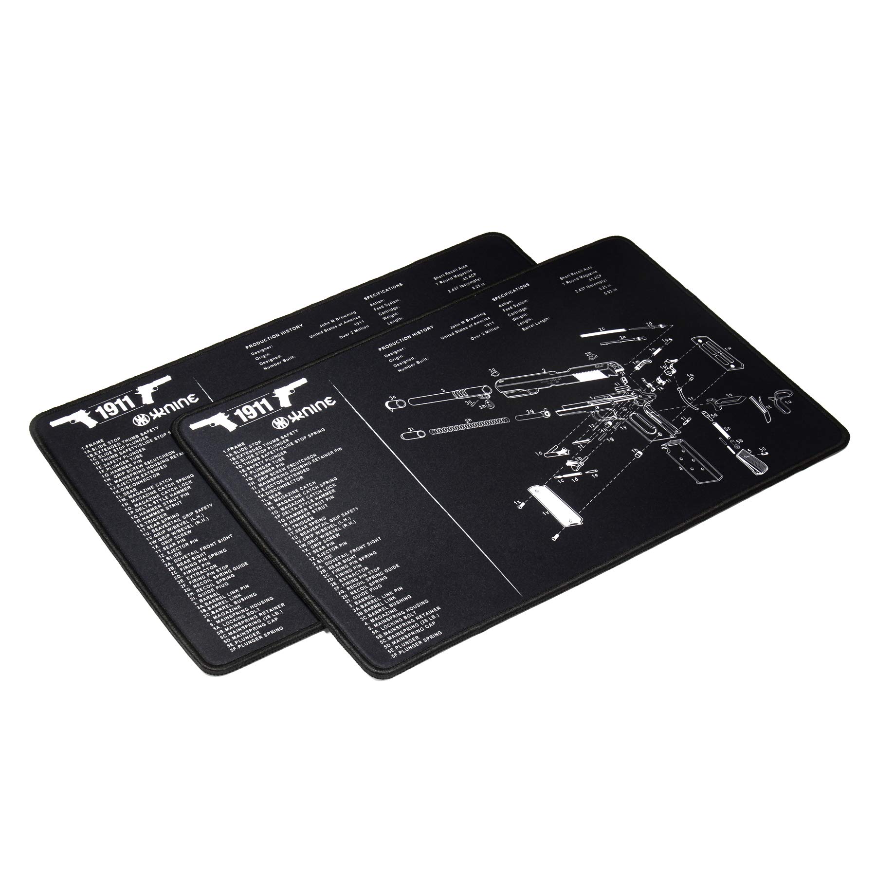 KNINE OUTDOORS Non-Slip Handgun Cleaning Mat Detailed Pistol Diagram & Assembly Instructions Thick & Durable Oil Resistant & Waterproof Rubber Material Protective Mat, 17”x11”, 2 Pack, (1911)
