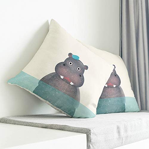 LAMANDA Throw Pillow Case, Cartoon Hippo Blue Stream Square Pillowcases Linen Cushion Covers, Grey Animal River Horse Pillow Shams for Sofa Couch Bed Car Home Decor 18x18In
