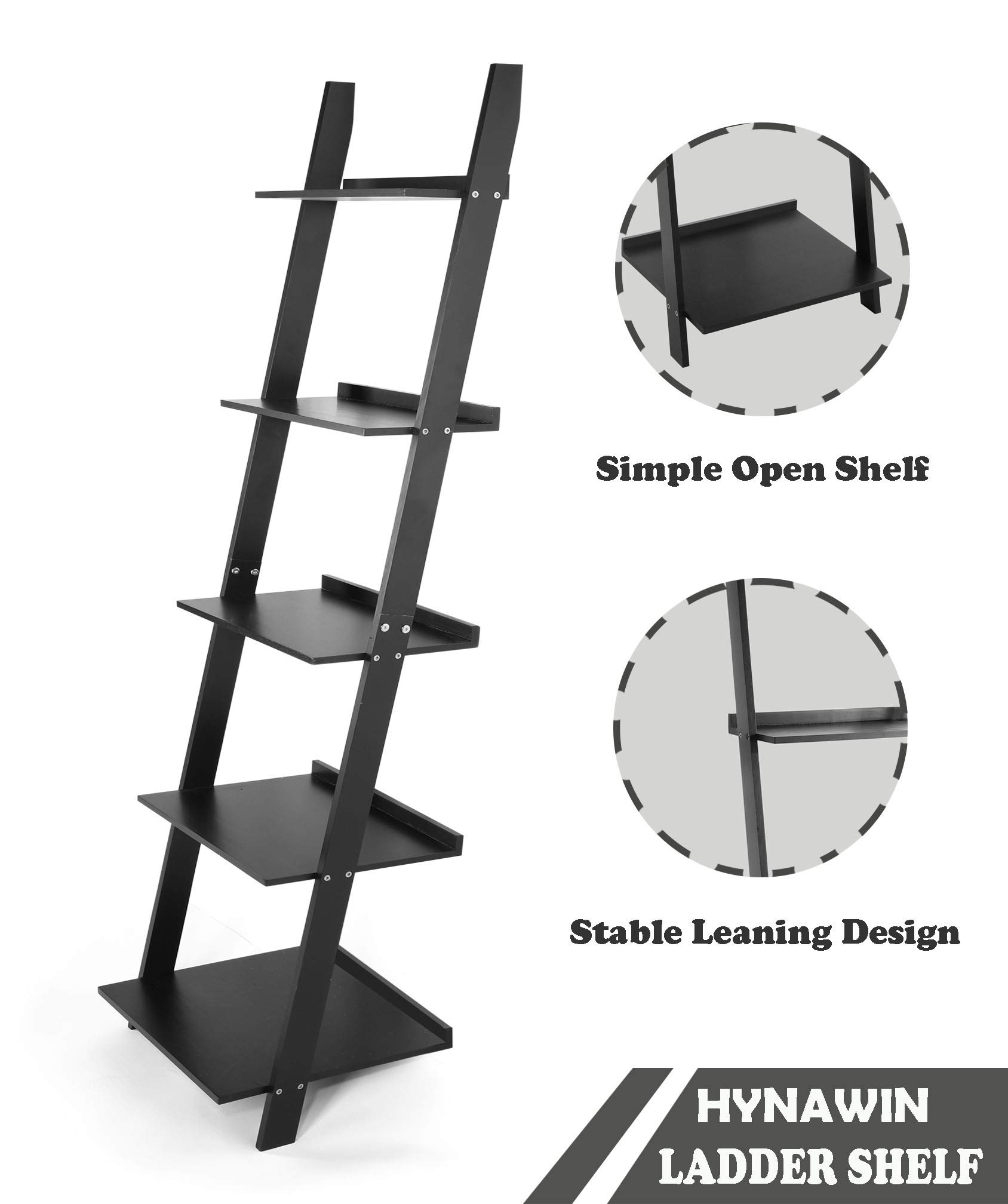 HYNAWIN Ladder Shelf 5 Tier Bookcase, Multipurpose Plant Flower Stand Bookshelf Storage Rack Shelves, Wood Look Accent Bamboo Frame Modern Furniture Home Office (Black)