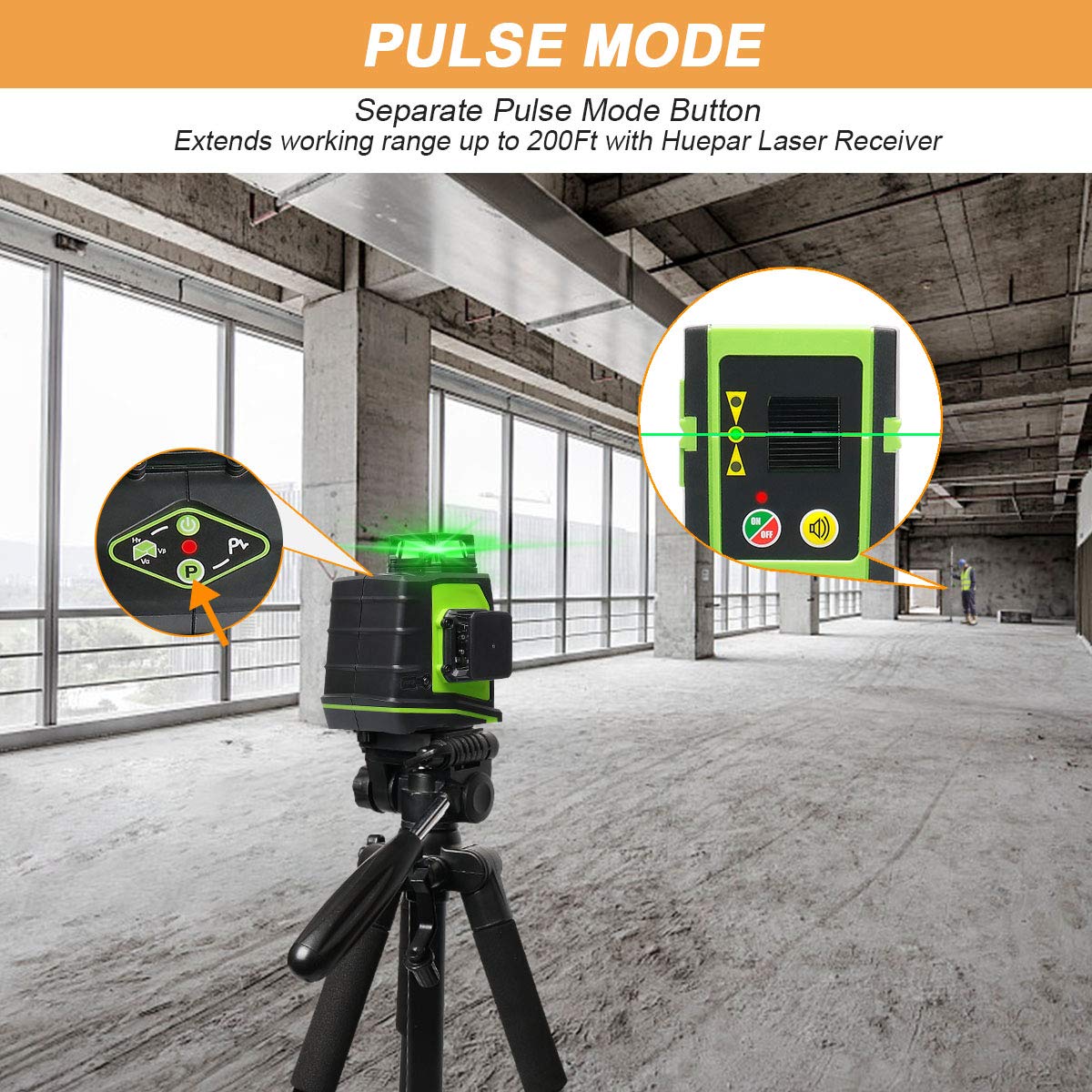 Huepar 3D Green Beam Self-Leveling Laser Level 3 x 360 Cross Line Three-Plane Leveling and Alignment Tool -Two 360 Vertical and One 360 Horizontal Line -Magnetic Pivoting Base GF360G