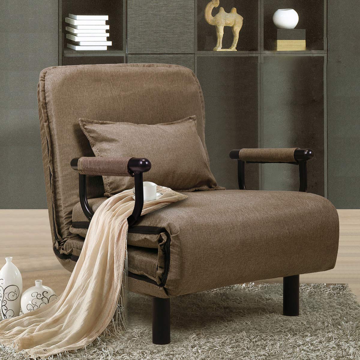JAXPETY Sofa Bed Folding Arm Chair Convertible Sleeper Chair, Leisure Recliner Lounge Couch with Pillow and 5 Position Adjustable Backrest for Home Office