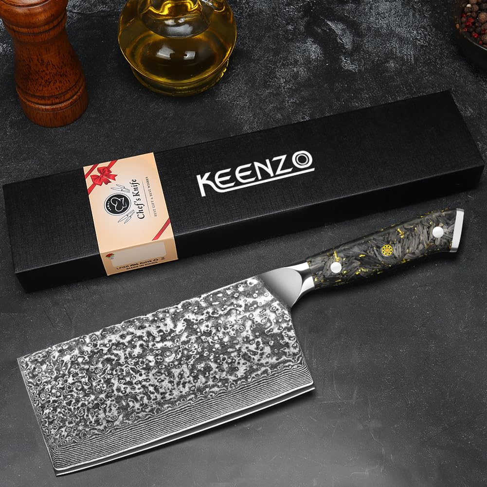 KEENZO Damascus Meat cleaver knife 7 inch, Professional kitchen knife, sharp Chinese chef knife. Hand forged high-carbon stainless steel butcher knife. Ergonomic Full-Tang handle with gift box 