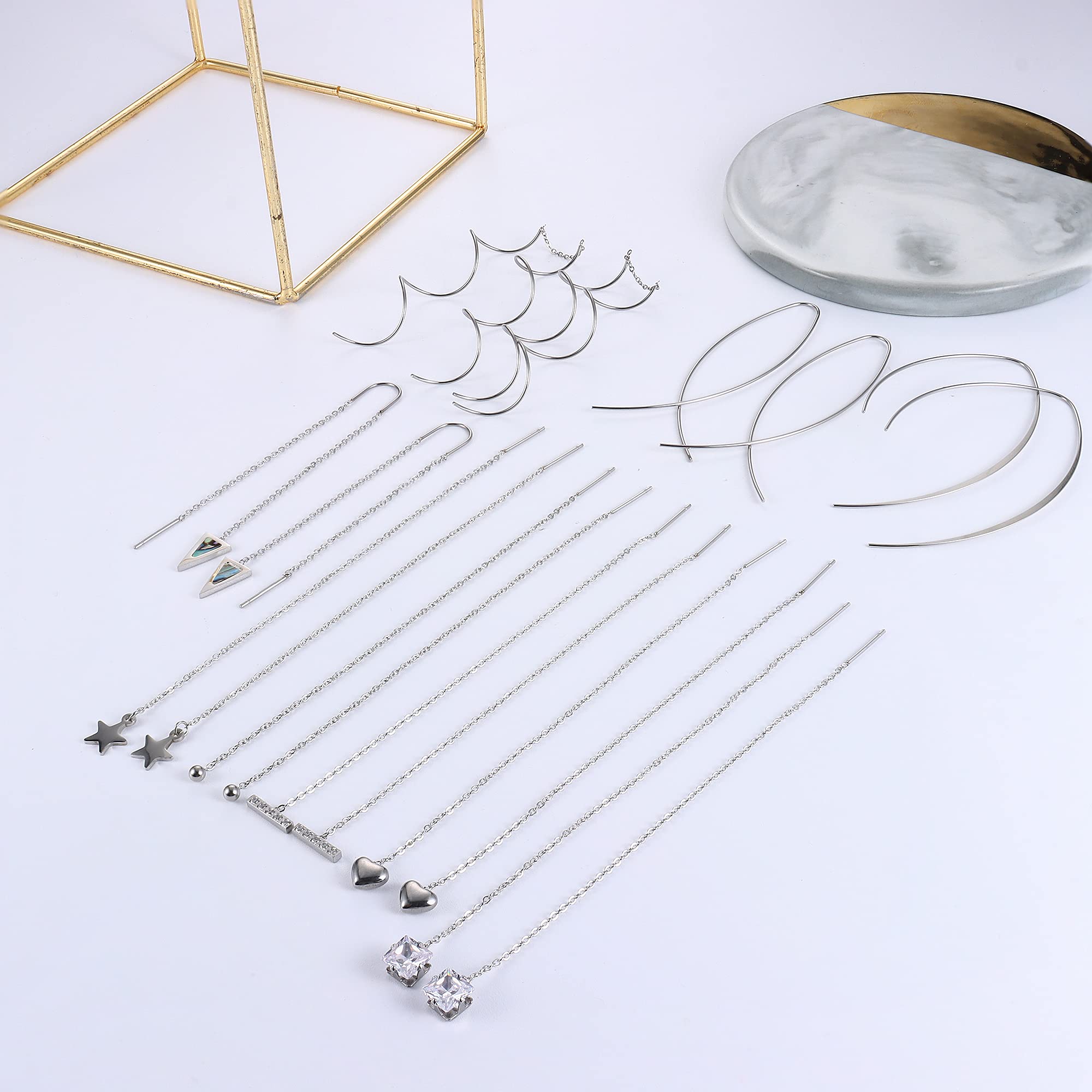IRONBOX 9Pairs Threader Earrings for Women Stainless Steel Curved Ear Threader Chain Earrings Heart Star CZ Drop Dangle Chain Tassel Threader Earrings Lightweight Threader Earrings Set