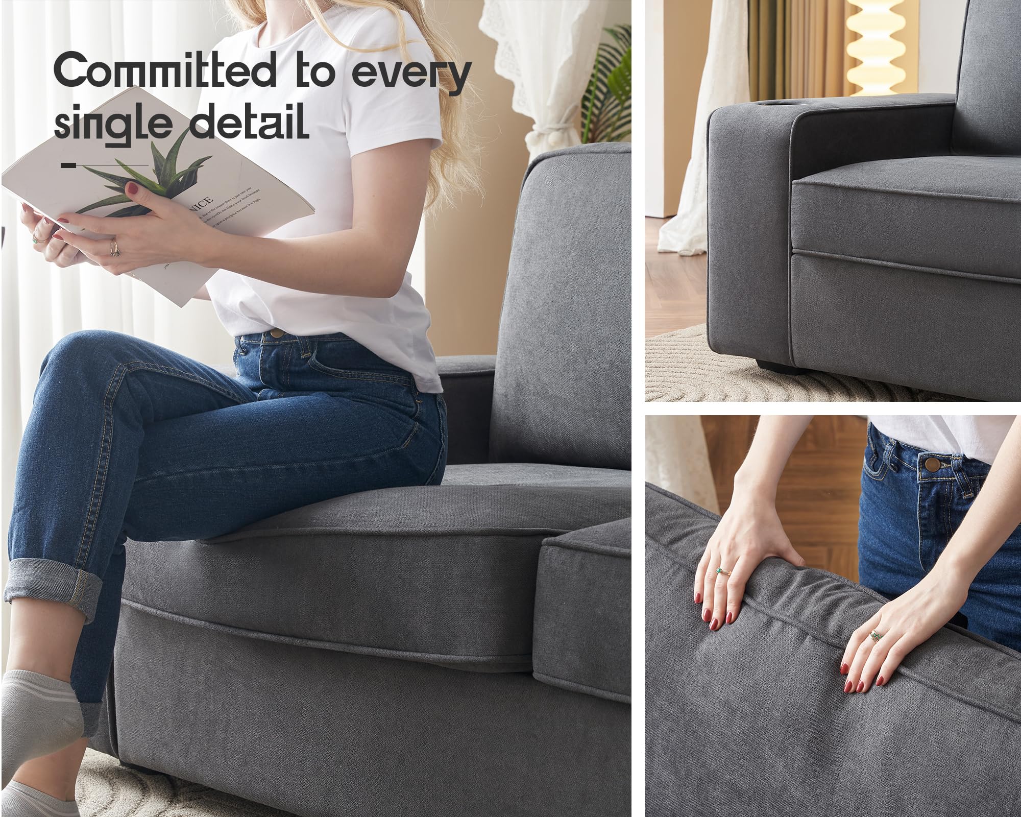 VanAcc Sofa, 2 Piece Set with Storage Ottoman, Modern Couches with Cup Holders & USB Charging Ports, 3 Seater Sofa and Loveseat- Charcoal Grey Chenille Couches for Living Room