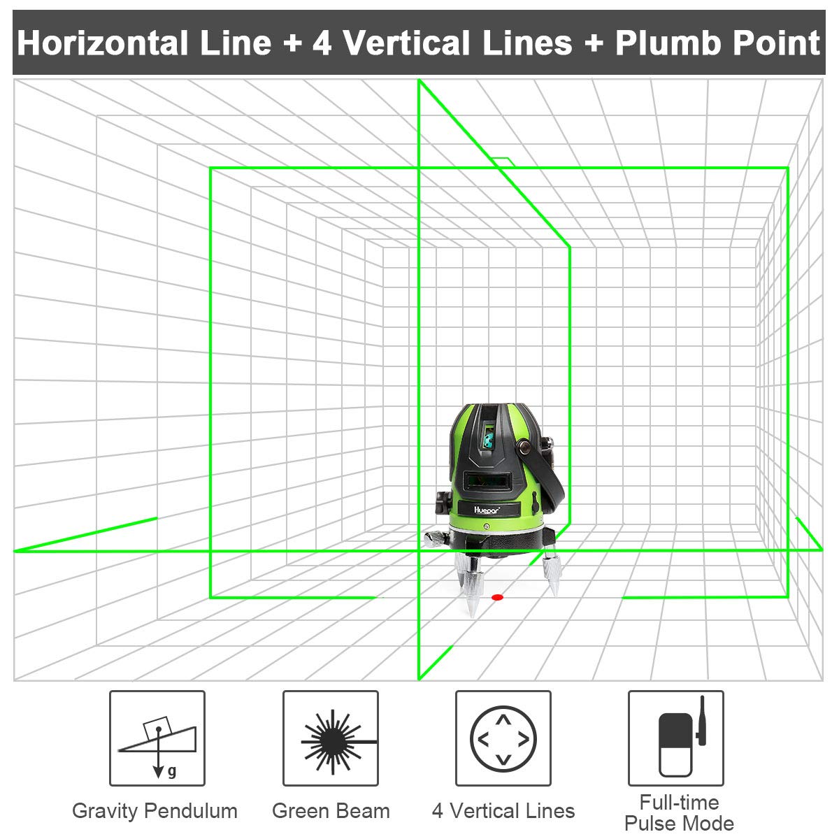 Huepar Green Beam Multi - Line Laser Level -Four Vertical and One Horizontal Lines with Down Plumb Dot -Alignment Self-leveling Laser Tool -360° Rotating Base, Hard Carrying Case Included 6141G