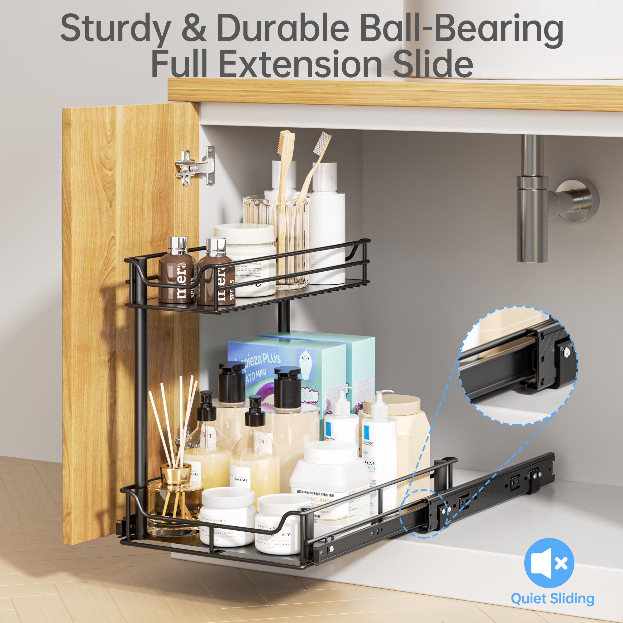 LAMU Larger Under Kitchen Sink Organizers and Storage, Metal Under Sink Organizer Bathroom Cabinet, Undersink Organizers Kitchen, Under Sink Storage and Organization, 13.1W x 16.7D x 15.6H inches