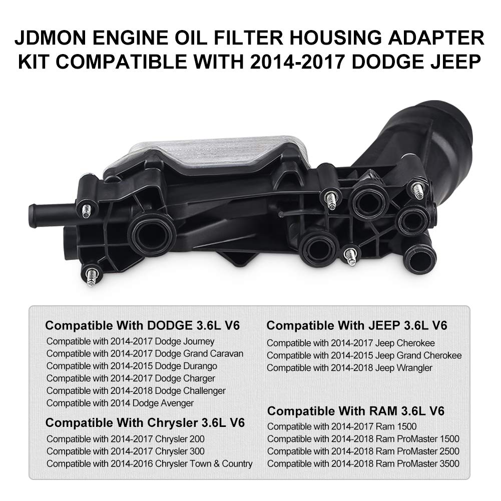 JDMON Compatible with Engine Oil Cooler Filter Adapter Housing Assembly Dodge Ram Jeep 3.6L V6 Chrysler 2014-2018 Oil Filter Housing & Cooler Assembly Replaces 68105583AF 68105583AE 68105583AA