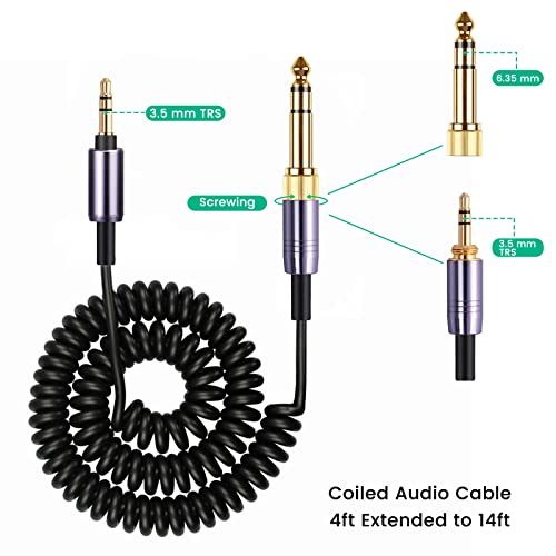 WH-1000XM3 Coiled Audio Cable Replacement for Sony WH-1000XM4, WH-1000XM2 Headsets, 1/8” Extension Cord with 1/4” Adapter Works on PS5 PS4 PC Smartphone Xbox One, 4ft to 14ft