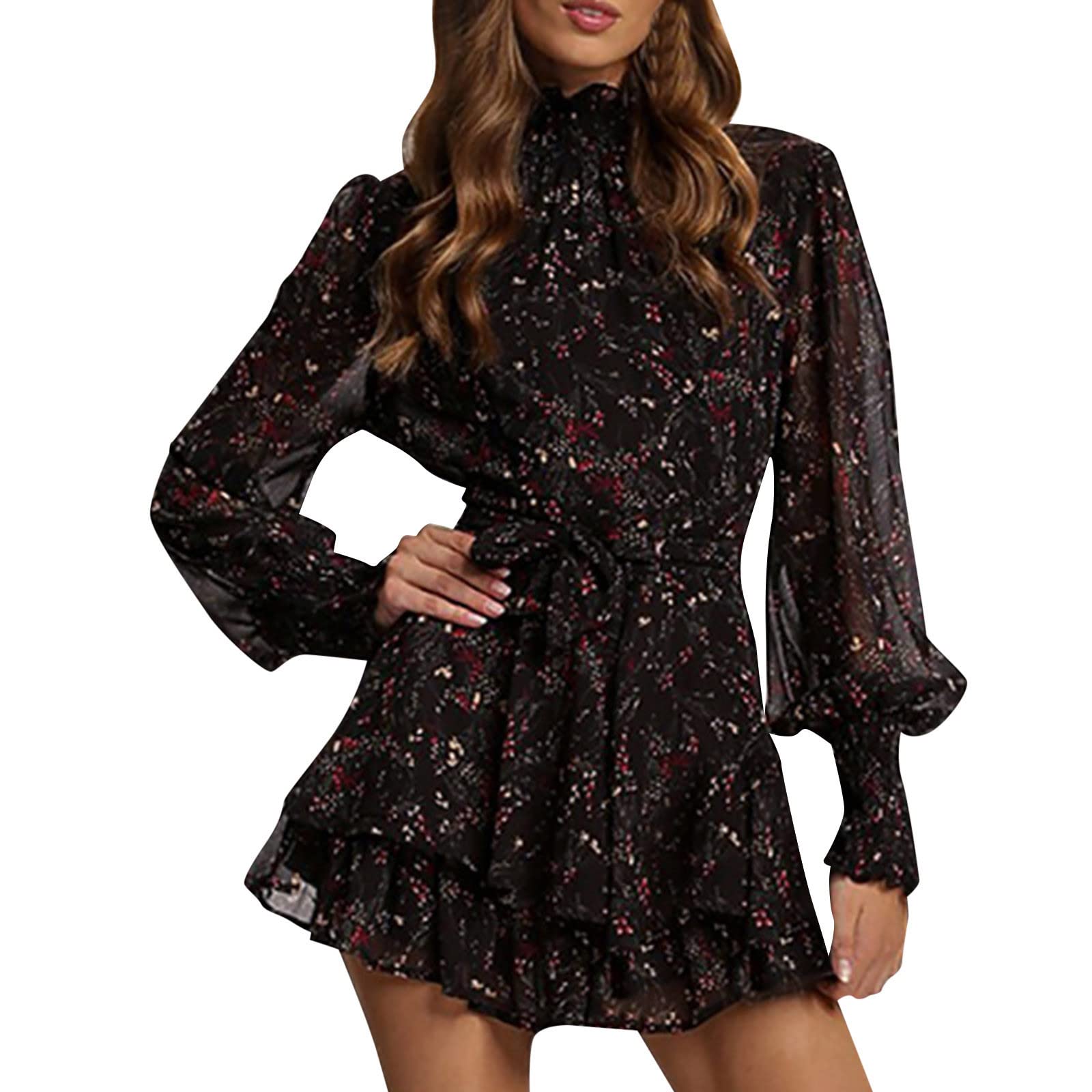 Keepfit Women Elastic High Neck Mini Dress Puff Long Sleeve Floral Printed Layered Hem Dress with Belt Black