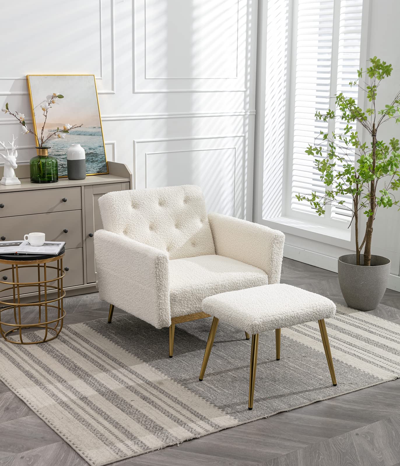 KINFFICT Velvet Accent Sofa Chair with Ottoman, Upholstered Comfy Lounge Armchair with Adjustable Armrests and Backrest, Living Room Single Recliner with Tufted Button Back, Cream White Teddy