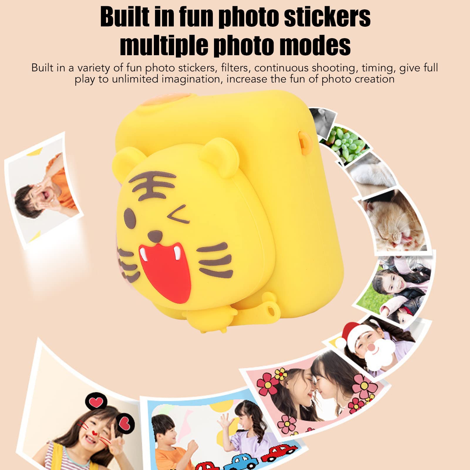 Kid Camera Digital, Childrens Camera Multi Function 32GB Memory Card Yellow Tiger 720P Video Resolution for Christmas for Home for Boys for Outdoor