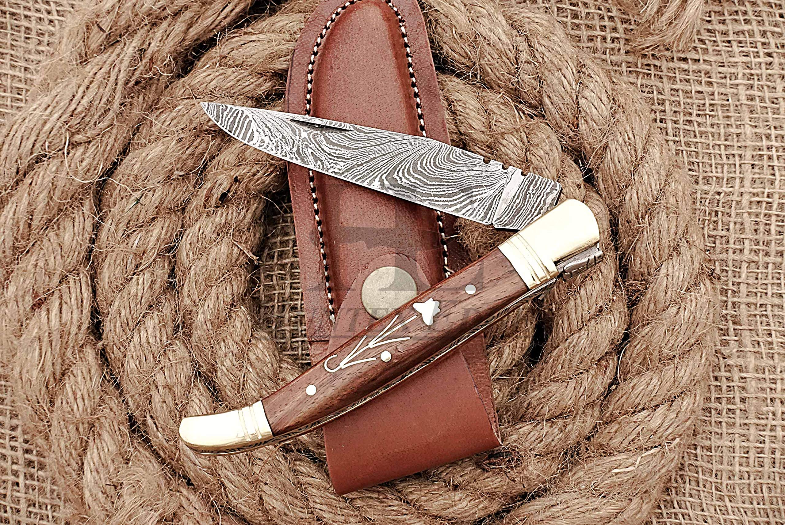 HUNTEX Custom Handmade Hand-Forged Twist Pattern Damascus Steel 4 Inch Long Natural Rosewood Handle Razor Sharp Hunting Camping Folding Pocket French Lagouli Knife with Genuine Leather Pouch