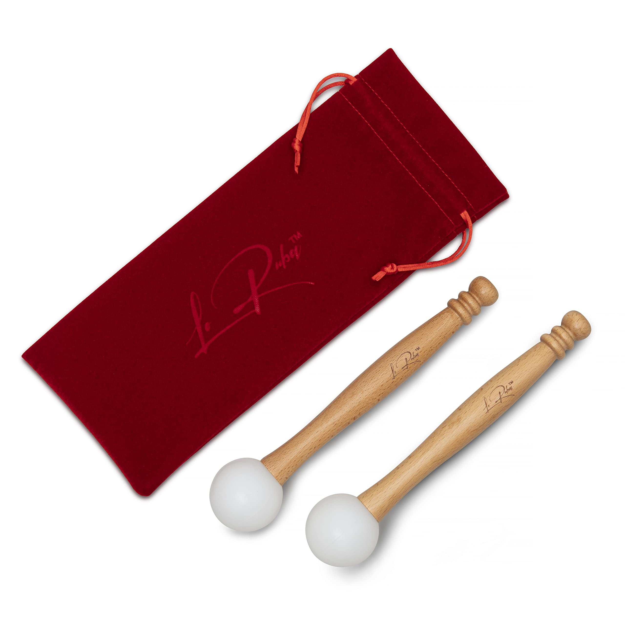 LO RUBA 2x Rubber Mallets For Playing Crystal Singing Bowl Striker 8.7” Long With 0.9” Thick Handle Made From Beech Wood And 1.8” Rubber Ball Made of Semi-Transparent Silicone With A Suede Carry Pouch