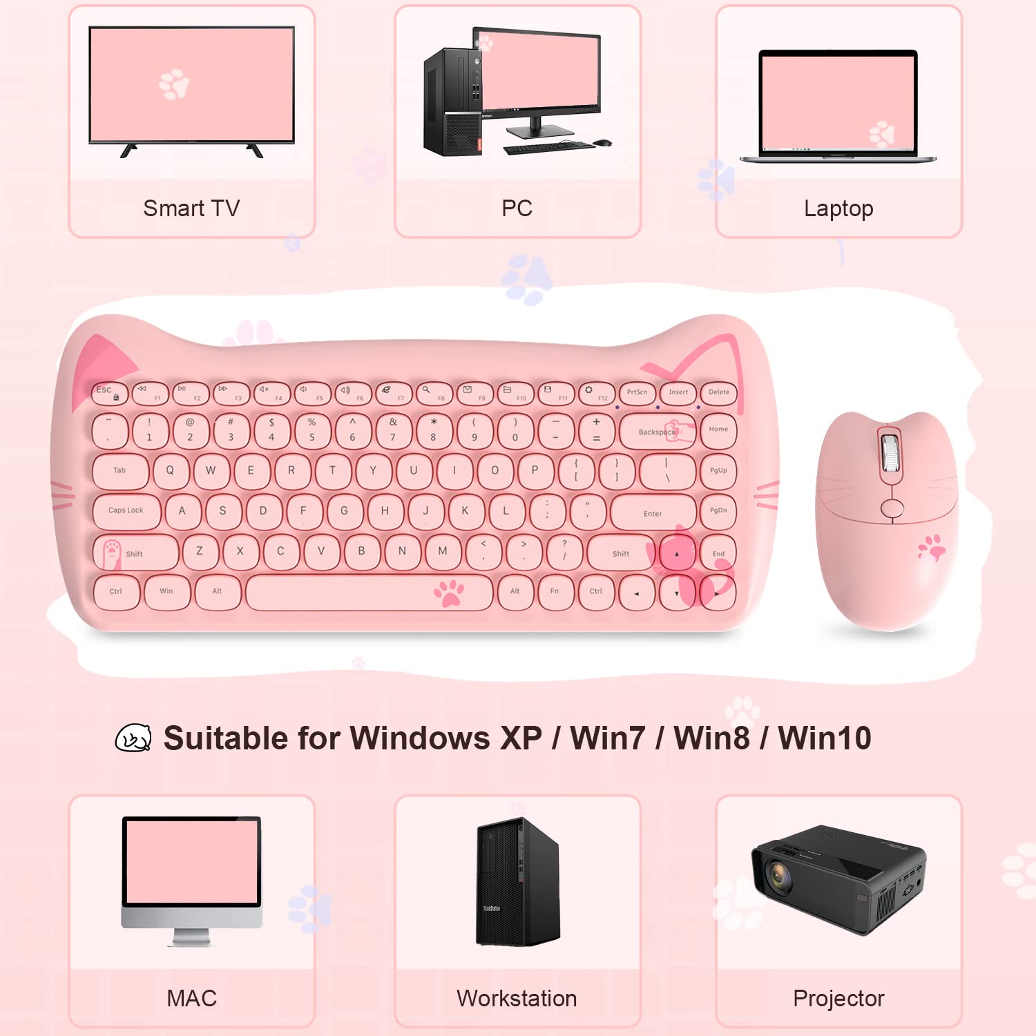 LexonElec Wireless Keyboard and Mouse,2.4GHz Wireless Retro Cute Cat Keyboard with 84 Key Mouse and Keyboard Combo,Cat Mouse with 3 Adjustable DPI for Mac PC Desktop Laptop(Pink)