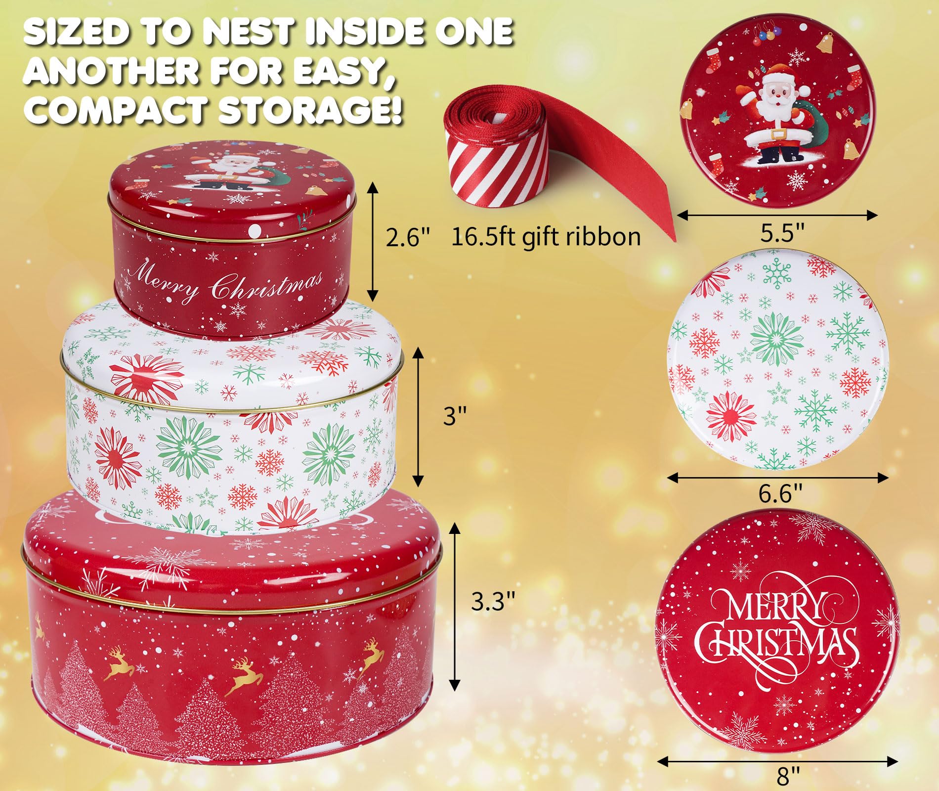 JOYCUBE Cookie Tins with Lids, 3 Pack Christmas Cookie Tins with 16.5ft Gift Ribbon, Festive Cookie Cake Containers Tins for Gift Giving & Holiday Treats, Round Metal Nesting Containers